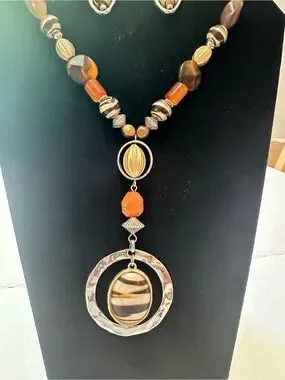 Chico's | Jewelry | Chicos Orange Brown Gold Beaded Pendant Necklace ...